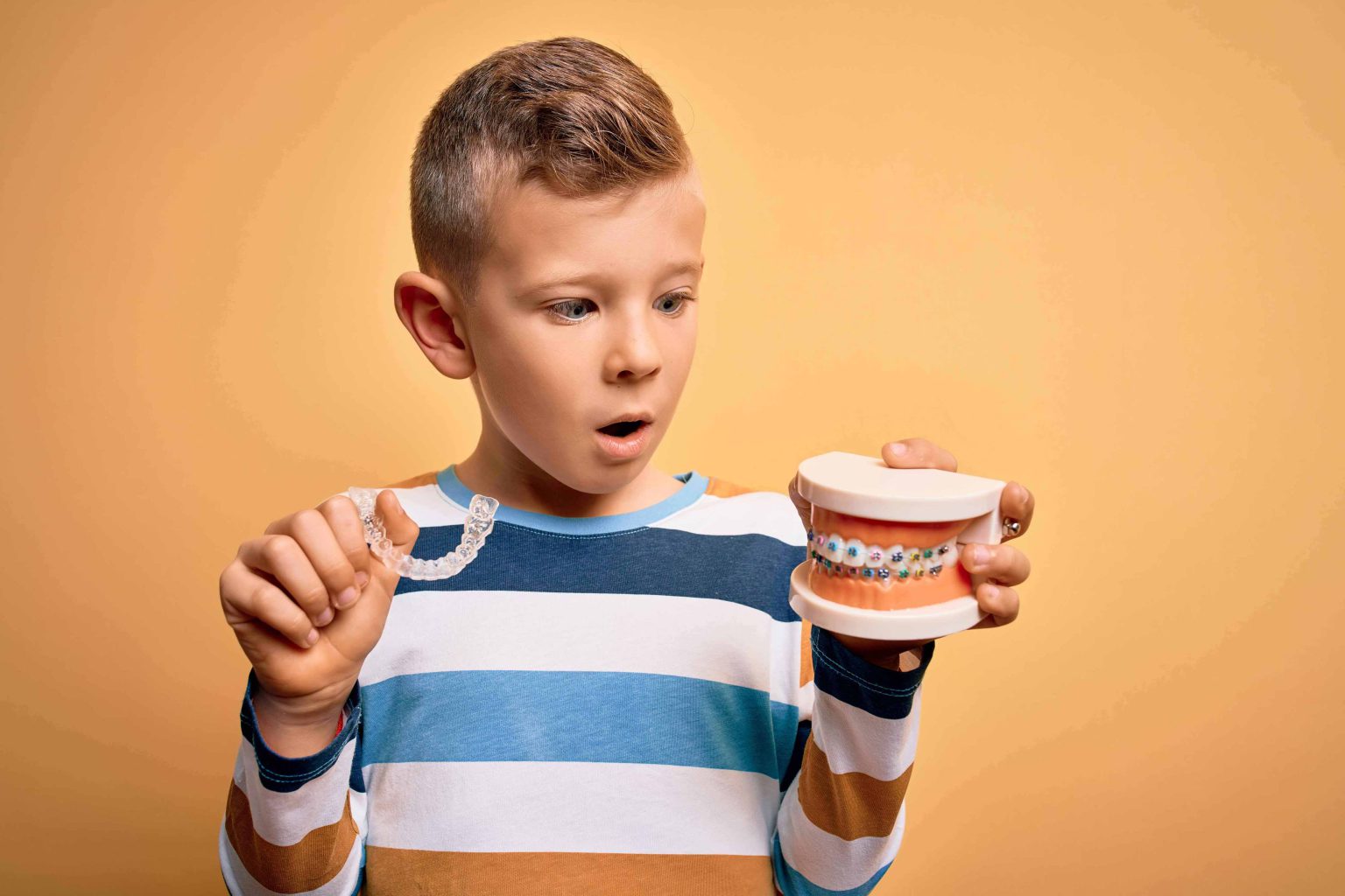 Little kid boy holding professional orthodontic denture with metal ...